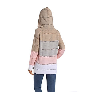 Vemodoo Women'S Hoodie Ladies Sweatshirts Lightweight Sweaters For Women Women's Color Block Knit Hoodies Sweaters V Neck Drawstring Lightweight Pullover Sweatshirts Khaki Large