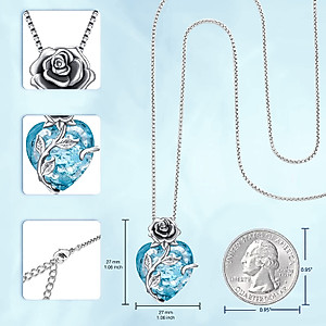 OCJ Aquamarine Necklace for Women March Birthstone Necklace 925 Sterling Silver Heart Rose Flower Pendant Jewelry Gifts for Women Her Mom Wife Daughter Friends Ladies Anniversary Birthday Gifts Ideas
