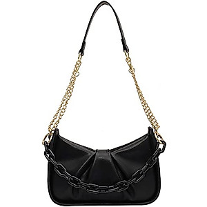 QZUnique Shoulder Bag Vegan Leather Ruched Purse for Women Trendy Handbag Retro Chain Clutch Hobo Tote Bag