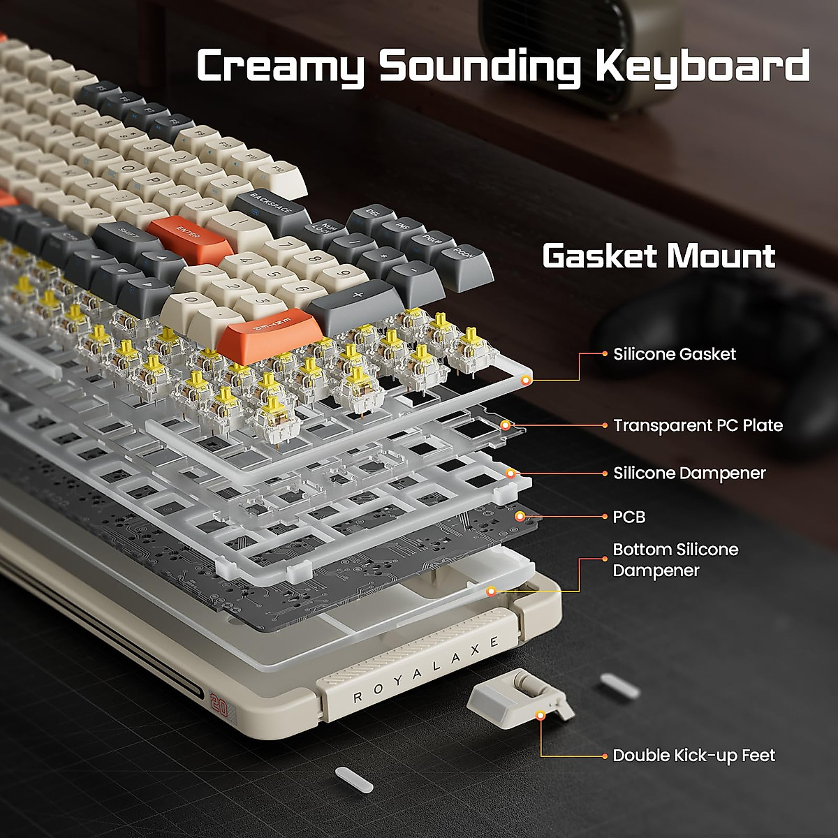 ROYALAXE L98 Wireless Mechanical Keyboard with 1.14” TFT LCD, Hot-swappable RGB Keyboard w/Gateron G Yellow Pro Switches, Bluetooth/2.4G/Wired, Gasket Mount, PBT Keycaps, Pebble White