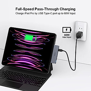 QWIIZLAB USB C Hub, 6-in-1 Adapter with HDMI 4K PD 60W USB 3.0 SD/microSD Card Reader 3.5mm Audio Jack for iPad Pro M1/M2/M4, iPad Air M1/M2, iPad Mini 6