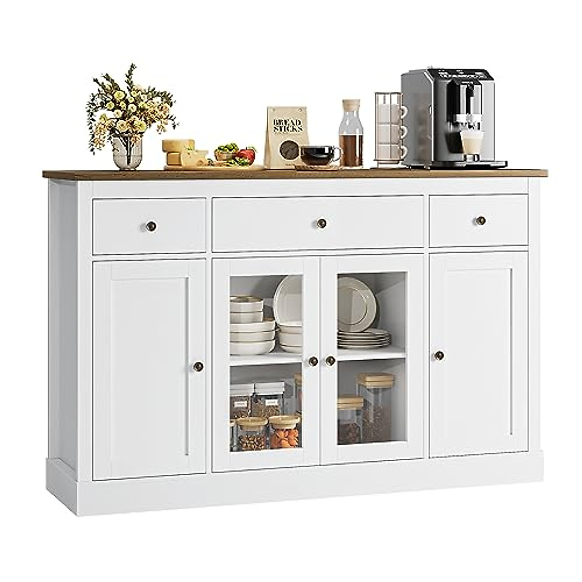 HOSTACK Sideboard Buffet Cabinet with Storage, 55" Large Kitchen Buffet Storage Cabinet with Drawers and Glass Doors, Modern Farmhouse Coffee Bar Cabinet, Wood Buffet Table Dining Room Cabinet, White