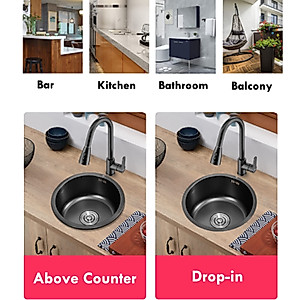 Kitchen Sink Undermount Stainless Steel Single Bowl, Mini Round Kitchen Sink Bar Round Basin Wet Bar Sink with Strainer & Bottom Grid(Black)