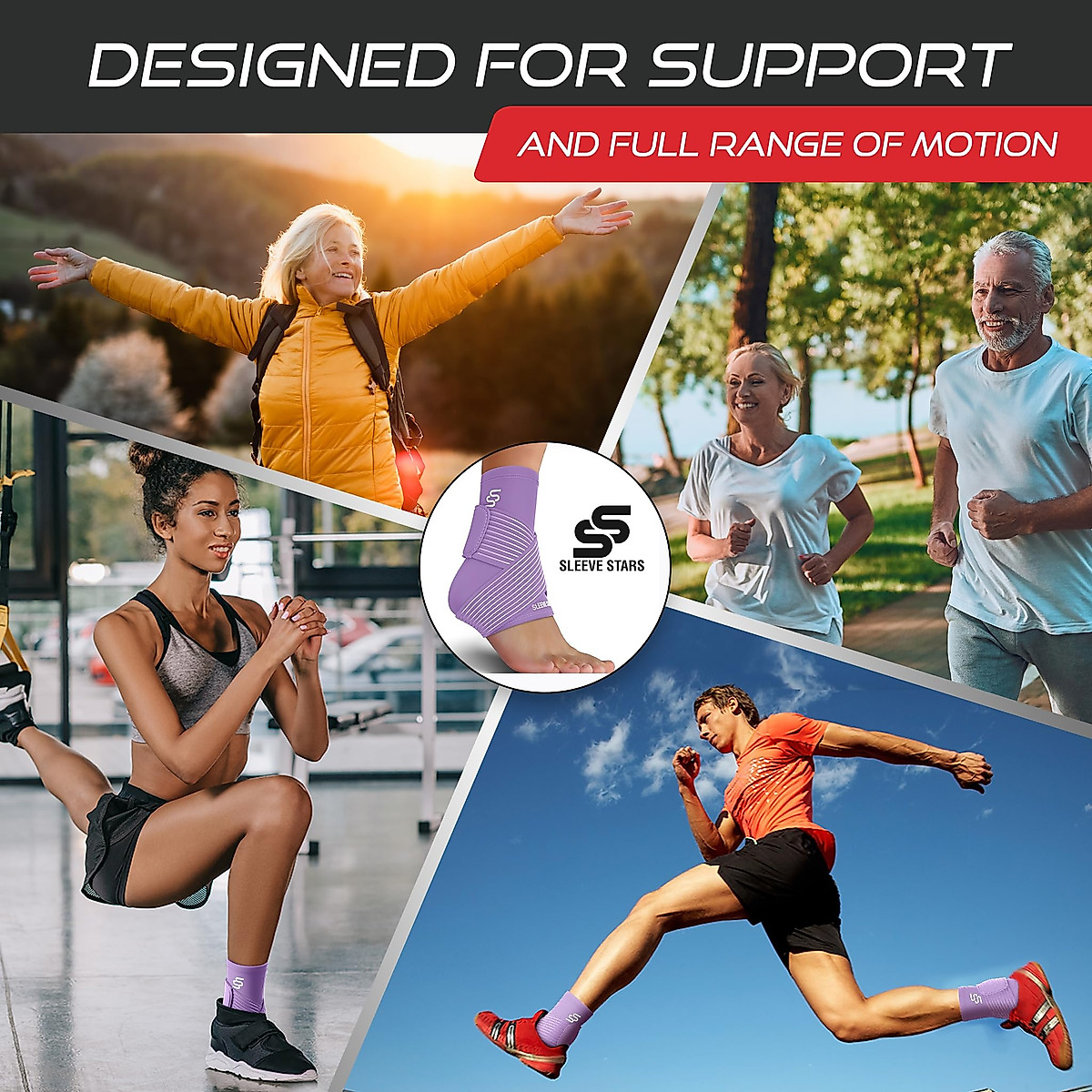 Sleeve Stars Ankle Brace for Sprained Ankle & Plantar Fasciitis Relief, Achilles Tendonitis Brace & Ankle Support for Women & Men, Ankle Wrap & Foot Brace w/Compression Strap (Pair/Light Purple)