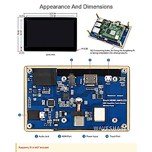 waveshare 5inch Capacitive Touch AMOLED Display Compatible with Raspberry Pi 5/4B/3B+/3A+/2B/B+/A+/Zero/Zero W/WH/Zero 2W CM3+/4 960×544 Resolution HDMI Optical Bonding Supports Jetson Nano/Windows