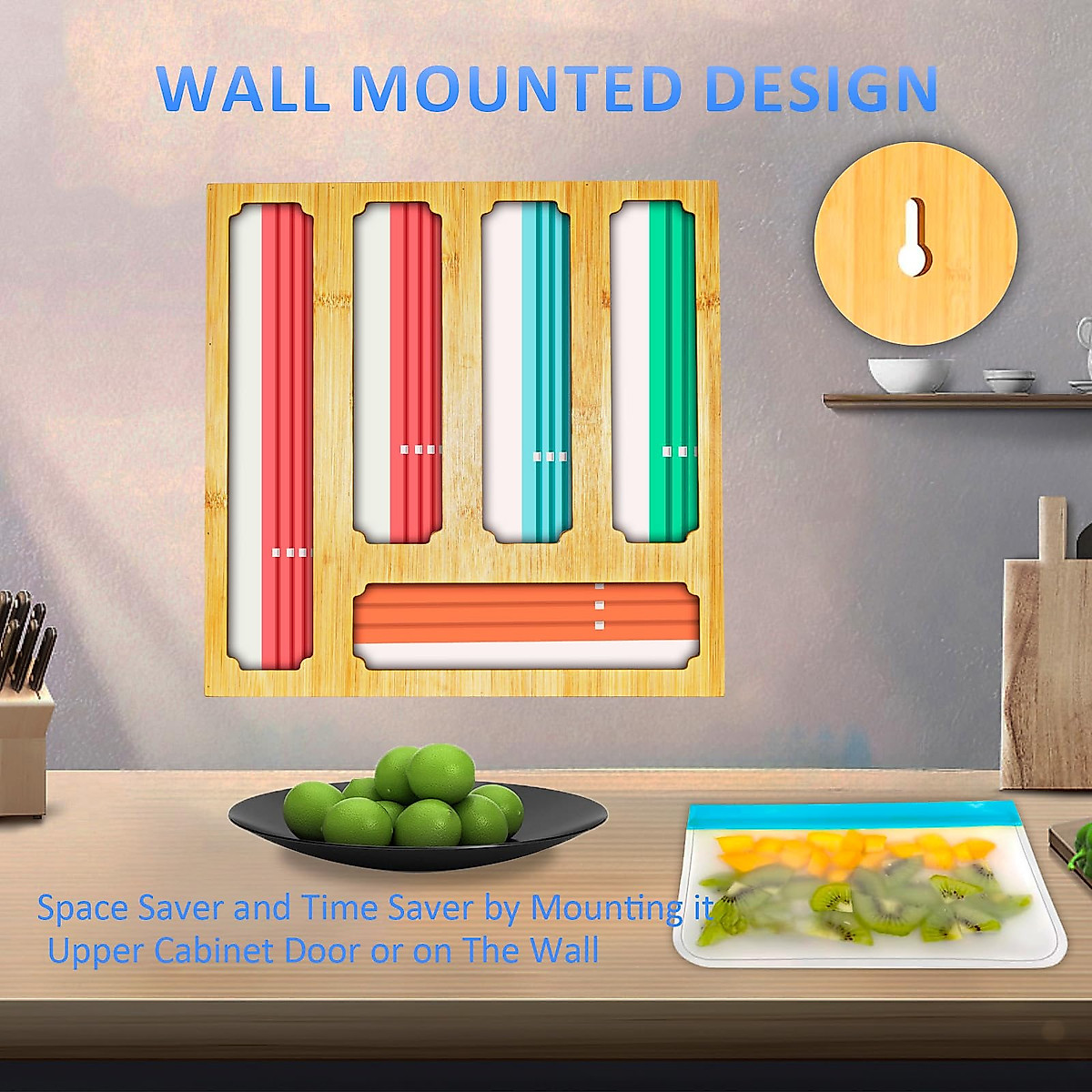 Bamboo Food storage bag organizer, kitchen drawer organizer, Wall Mount bag storage organizer, ziplock bag Storage Compatible with Gallon, Quart, Sandwich & Snack Variety Size Bags 1 Box 5 Slots