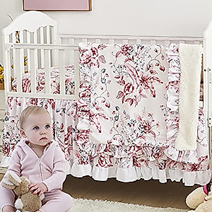 Brandream Girls Nursery Bedding Pink Floral Crib Bedding Set 3 Piece Farmhouse Baby Blanket Set, 3 Piece