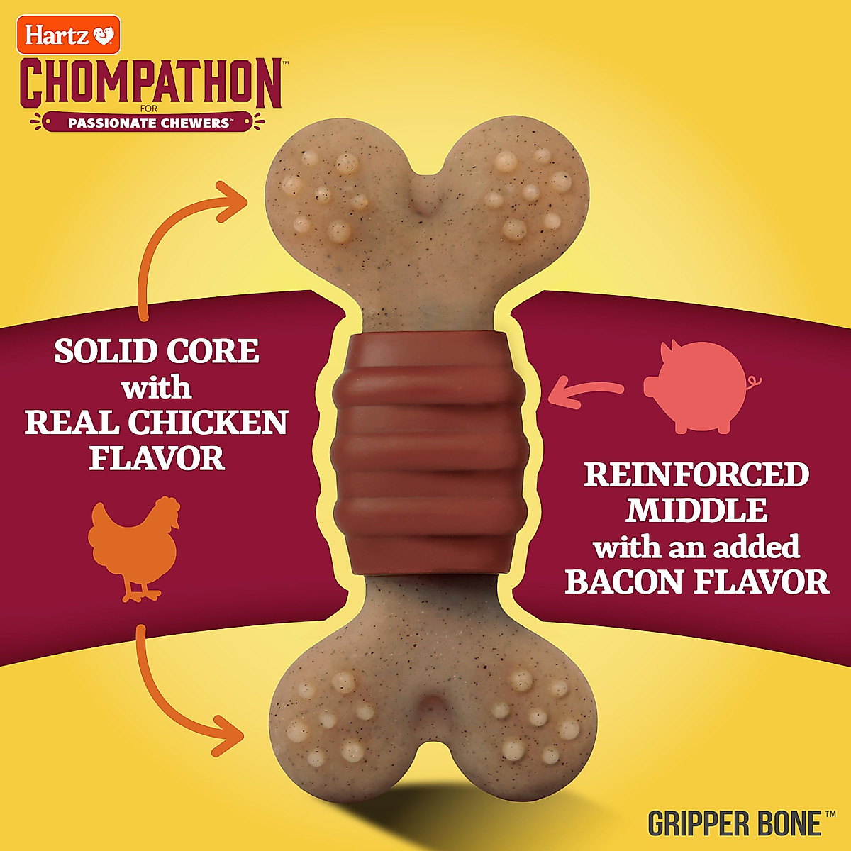 Hartz New Chompathon Gripper Bone Dog Chew Toy for Aggressive Chewers, Double Layered Flavored with Chicken & Bacon