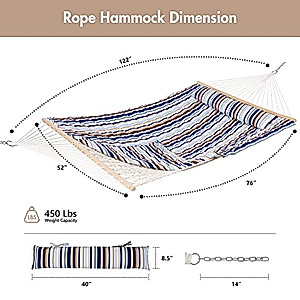 ANOW Outdoor Double Rope Hammock with Pad, Portable Hammock for Patio, Backyard, Beach, 450 LBS Weight Capacity, Blue Seaside