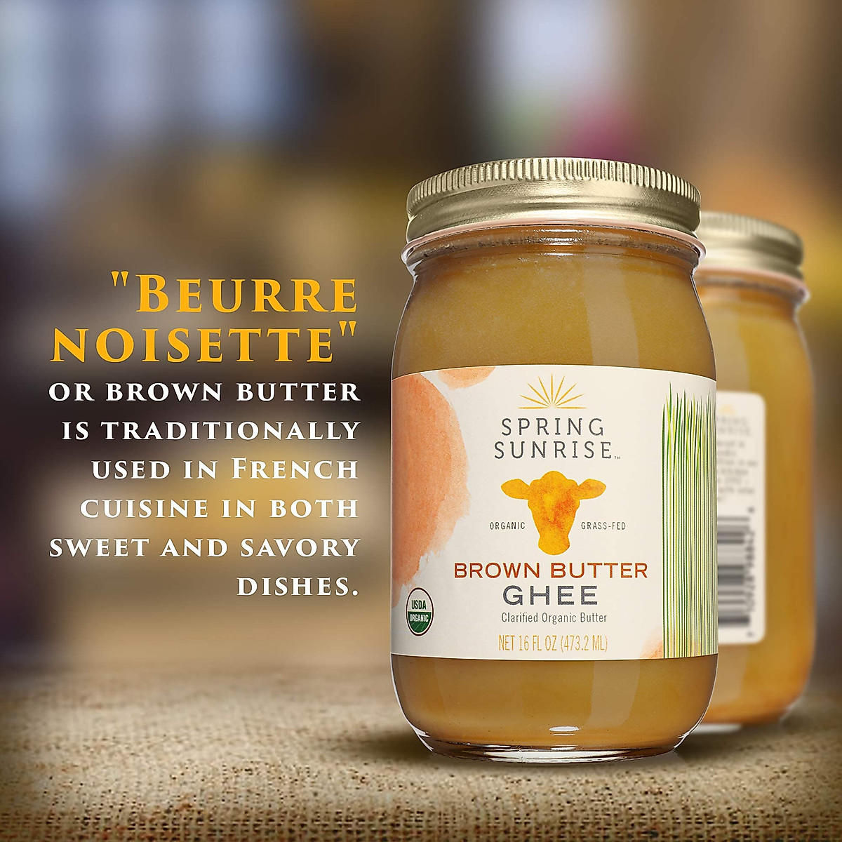 Spring Sunrise Brown Butter Ghee - Grass Fed Butter - Ghee Butter Organic Grass Fed - Ghee Clarified Butter - Ghee Butter - Ghee Organic - Grass Fed Ghee - Organic Ghee From Grass-fed Cows