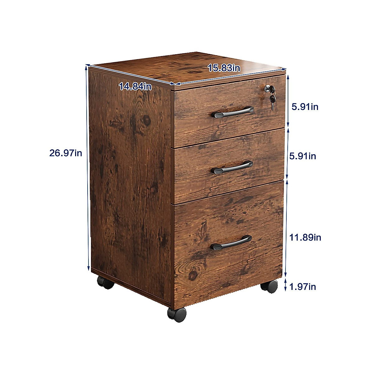 YQ JENMW File Cabinet 3 Drawers with 1 Lock, Wooden Rolling Mobile Filing Cabinet, Under Desk File Cabinet with Wheels, Removable File Cabinet for Home Office,Office Storage Cabinet Under Desk,Brown