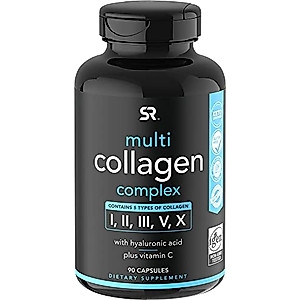 Sports Research Multi Collagen Pills (Type I, II, III, V, X) Hydrolyzed Collagen Peptides with Hyaluronic Acid + Vitamin C | Non-GMO Verified & Gluten Free - 90 Capsules