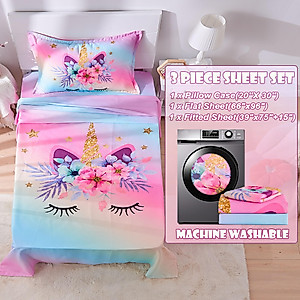 VIVILINEN Twin Size Sheet Set 3 Piece Rainbow Unicorn Kids Bed Sheets Set for Girls Kids Bedding Sheets Toddler Twin Bedding Set Include Flat Sheet, Deep Pocket Fitted Sheet and Pillowcase