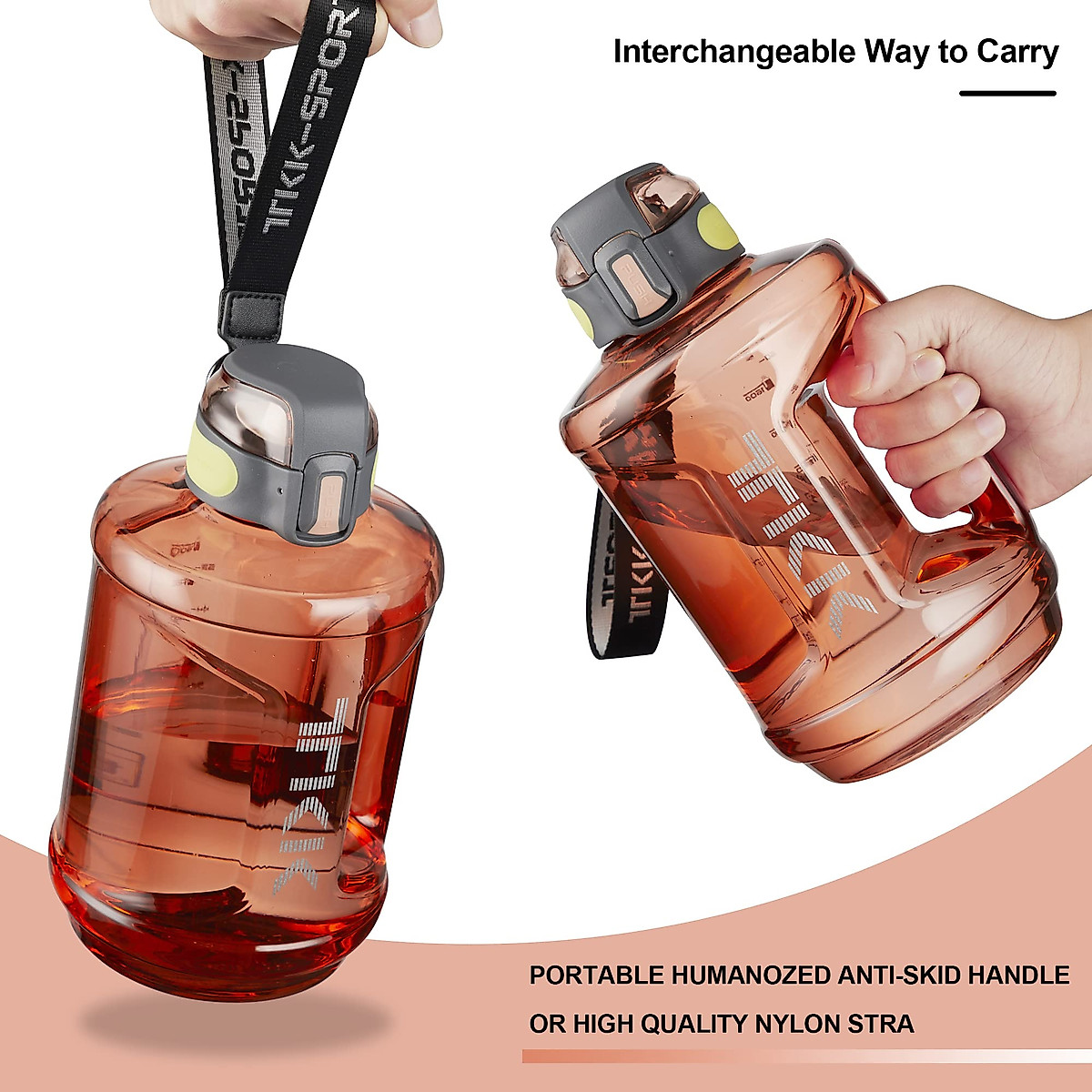 TKK Half Gallon Water Bottle Jug with Straw Time Marker Big Bottle Dishwasher Safe 1/2 Gallon 64 Oz Jug BPA Free Tritan for Gym Yoga Travel Camping Outdoor Orange Pink