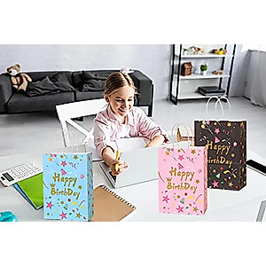 YYaaloa 28pcs Small Gift Bags with Handle Bulk 4 styles Birthday Star Print Party Favor Paper Shopping Bags for Kids Birthday Xmas Party Supplies Retail Bags (Birthday, Small 28pcs)