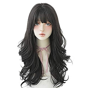 Long Black Body Wave Wigs with Bangs - 24 inch Glueless Synthetic Bodywave Wig, Heat Resistant Light Layered Wig for Girls Daily Party Cosplay
