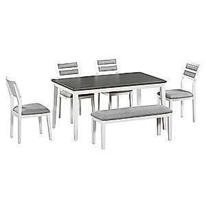 SIYSNKSI Modern 6 Piece Dining Table Set, Wood Dinette Table with 4 Upholstered Chairs and Bench, Classic Traditional Style Kitchen Table Set for 6 People (White+Gray)