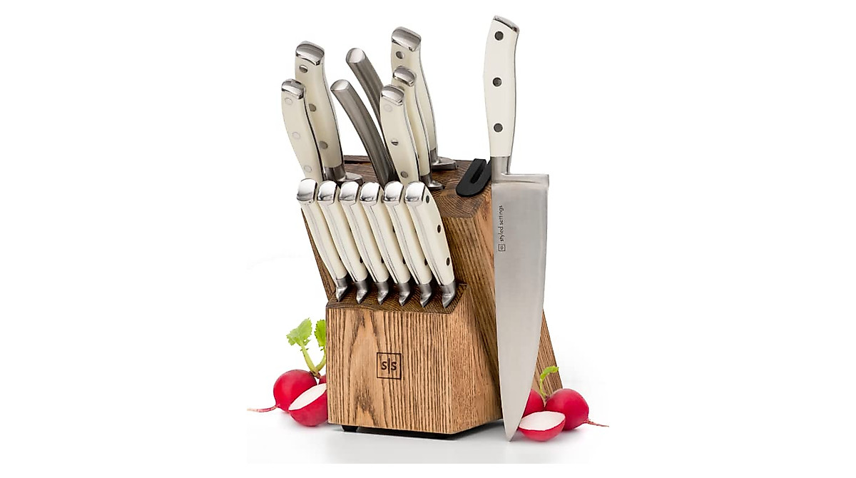 14-Piece Self-Sharpening White Kitchen Knife Set