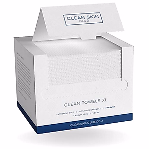 Clean Skin Club Clean Towels XL, 100‪%‬ Biobased Dermatologist Face Towel, Disposable Face Towelette, Facial Washcloth, Makeup Remover Dry Wipes, Ultra Soft, 50 count, 1 pack