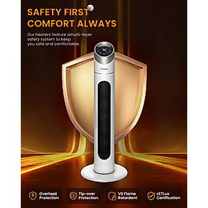 Space Heater, 34" Space Heater for Large Room with Remote, 1500W Tower Heater with 12H Timer, 70° Oscillating, Adjustable Thermostat, Overheating & Tip-over Protection, Indoor Use, White
