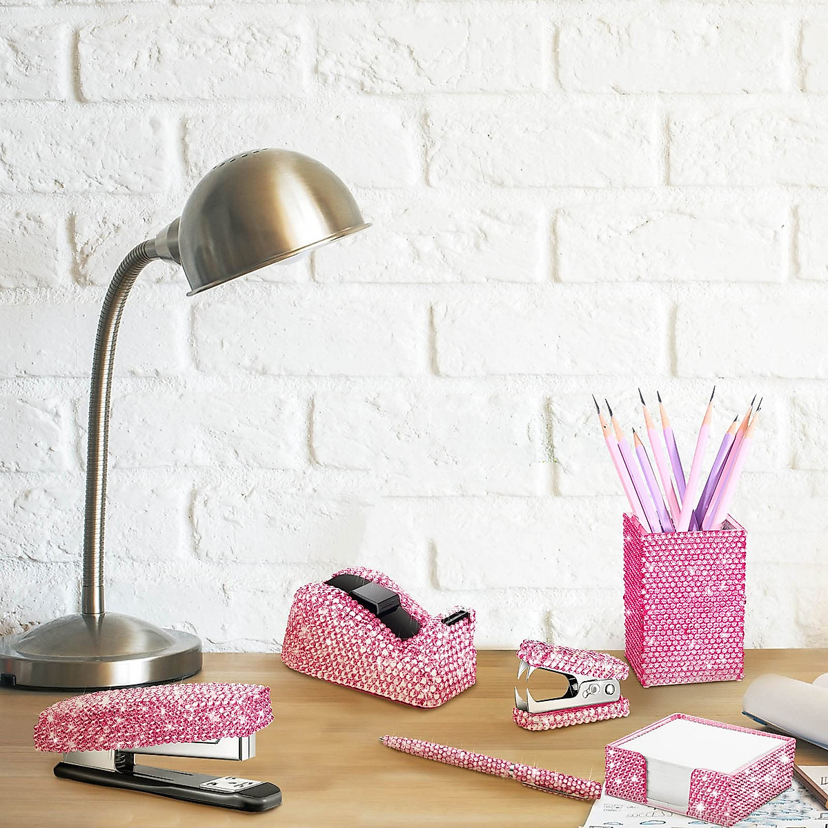 10 Pcs Bling Office Accessories for Desk Bling Crystal Office Supplies Set Desk Accessory Kit Glitter Stapler Staple Remover Tape Dispenser Diamond Pen Scissors for Women Office Home Desk (Pink)