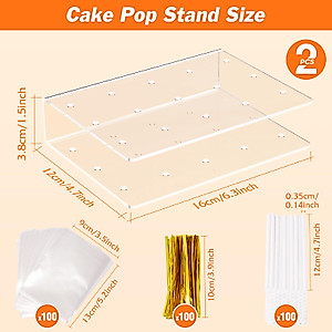 2 Pack Cake Pop Stand with Sticks Kit, Acrylic Lollipop Hold Stand, Clear Cake Pop Display Holder, 15 Holes Candy Pop Holder with 100 Pcs Sticks, 100 Pcs Clear Wrappers, 100 Pcs Gold Twist Ties
