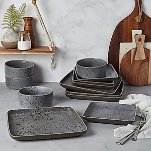 Tabletops Gallery Madison Fashion Dinnerware Collection- Square Contemporary Modern Reactive Glaze Dinner Salad Plate Bowl 4 Place Setting, 12 Piece Madison Dinnerware set in Speckled Grey