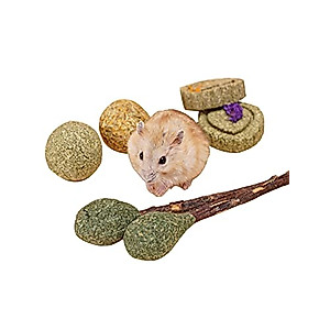 QWINEE 6pcs Hamster Chew Toy Set Small Animal Chewing Straw Cakes Balls and Lollipops for Rabbits Gerbils Rats Chinchillas Multicolor One Size