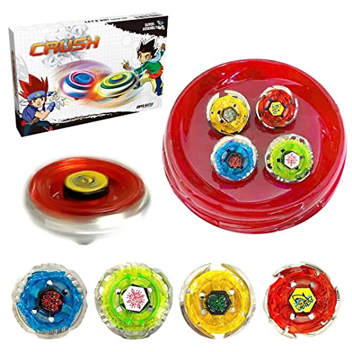 Crush Bey Battling Blades Metal Fusion Starter Set | 4 Tops, 2 Launchers, 4 Tips, 2 Bolts, 2 Fitting Keys, 1 Grip, 1 Arena