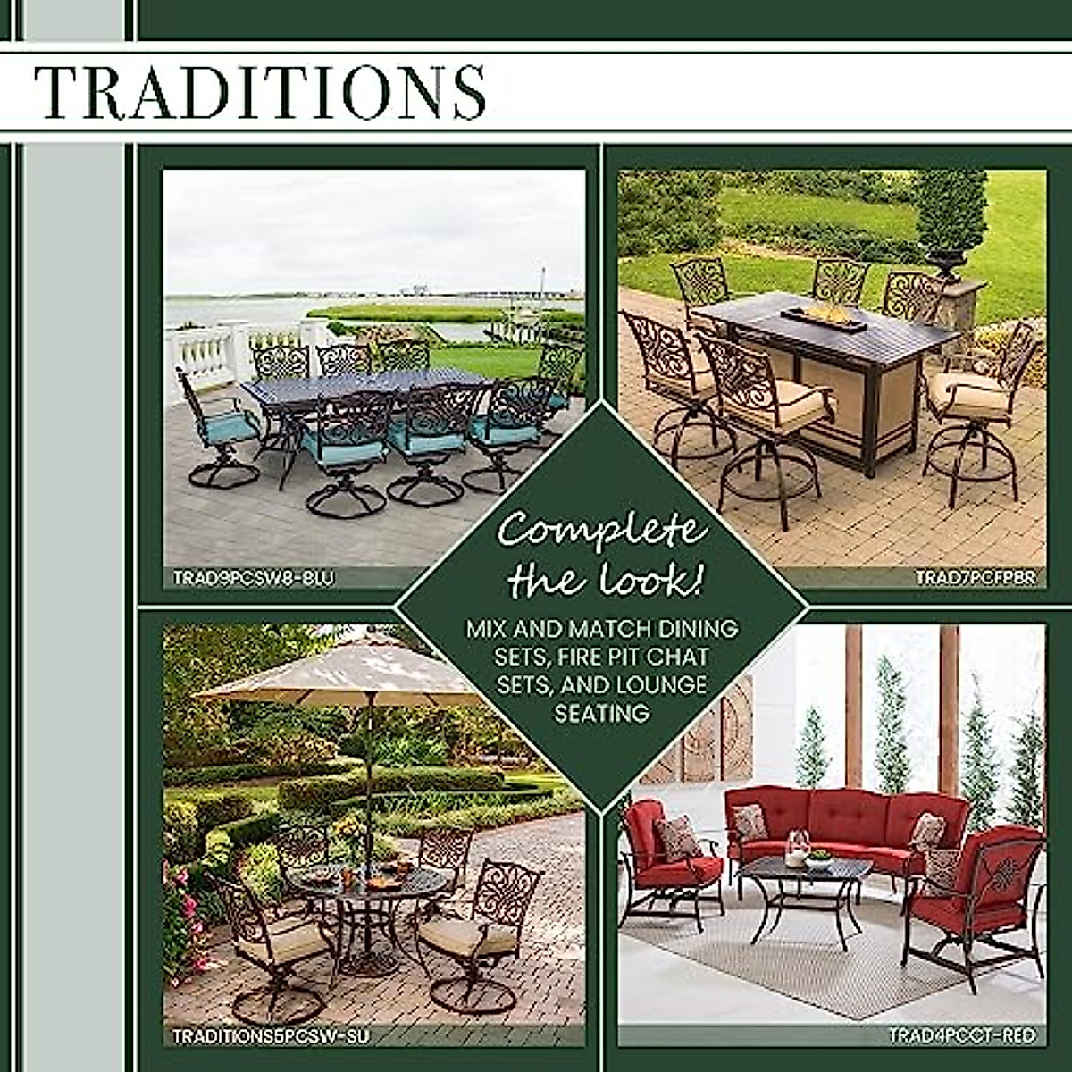 Hanover Traditions 9-Piece Outdoor Patio Dining Set with Rust-Free Cast-Top Aluminum Rectangular Dining Table and 8 Swivel Rockers, and Weather-Resistant Plush Blue Cushions