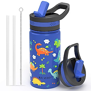 BUZIO Insulated Water Bottle for Kids (2 Pack), Modern Vacuum Insulated Hydro Bottle Leak-proof with Straw Lids, 14oz Double Walled Wide Mouth Sports Drink Flask, Blue Dinosaur