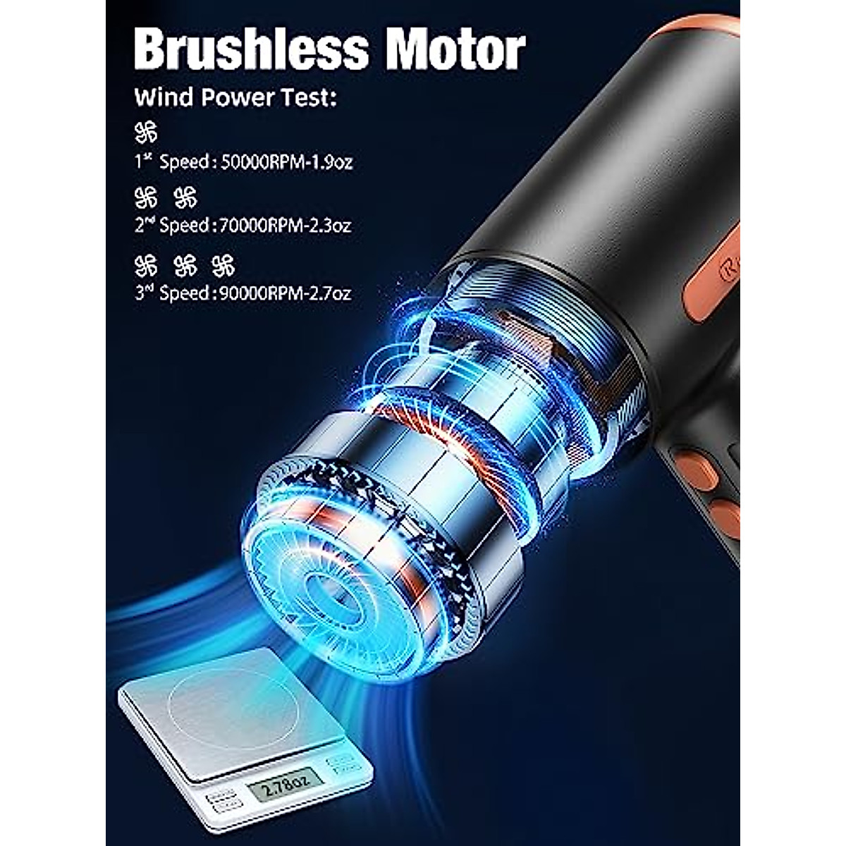 Compressed Air Duster, with Brushless Motor, Low Noise, Max. 90000RPM, 3 Gear Adjustable, 7500mAh Rechargeable Batteries, Non-Disposable Compressed Gas Duster