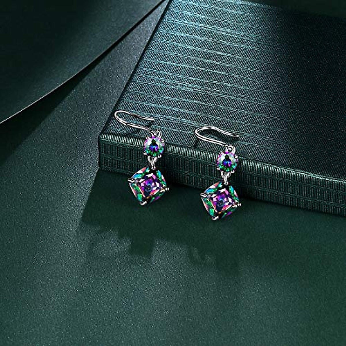 Mystic Fire Topaz Sterling Silver Dangle Earrings for Women - Crystal Rainbow Drop Earrings Christmas Gift SE0025W