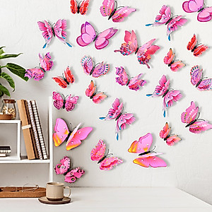 Amaxiu Double Layer Butterfly Wall Decor, 24pcs Magnetic 3D Butterfly Wall Decals Removable Butterfly Wall Stickers 3D Butterfly DIY Decorations Wall Art Decor Crafts for Party Bedroom(Pink)