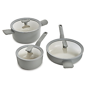 BergHOFF Balance Non-stick Ceramic Saucepan 7", 2.1qt. with Multifunctional Glass Lid, Recycled Aluminum, CeraGreen Non-toxic Coating, Stay-cool Handle, Induction Pan, 100% Sustainable, Moonmist