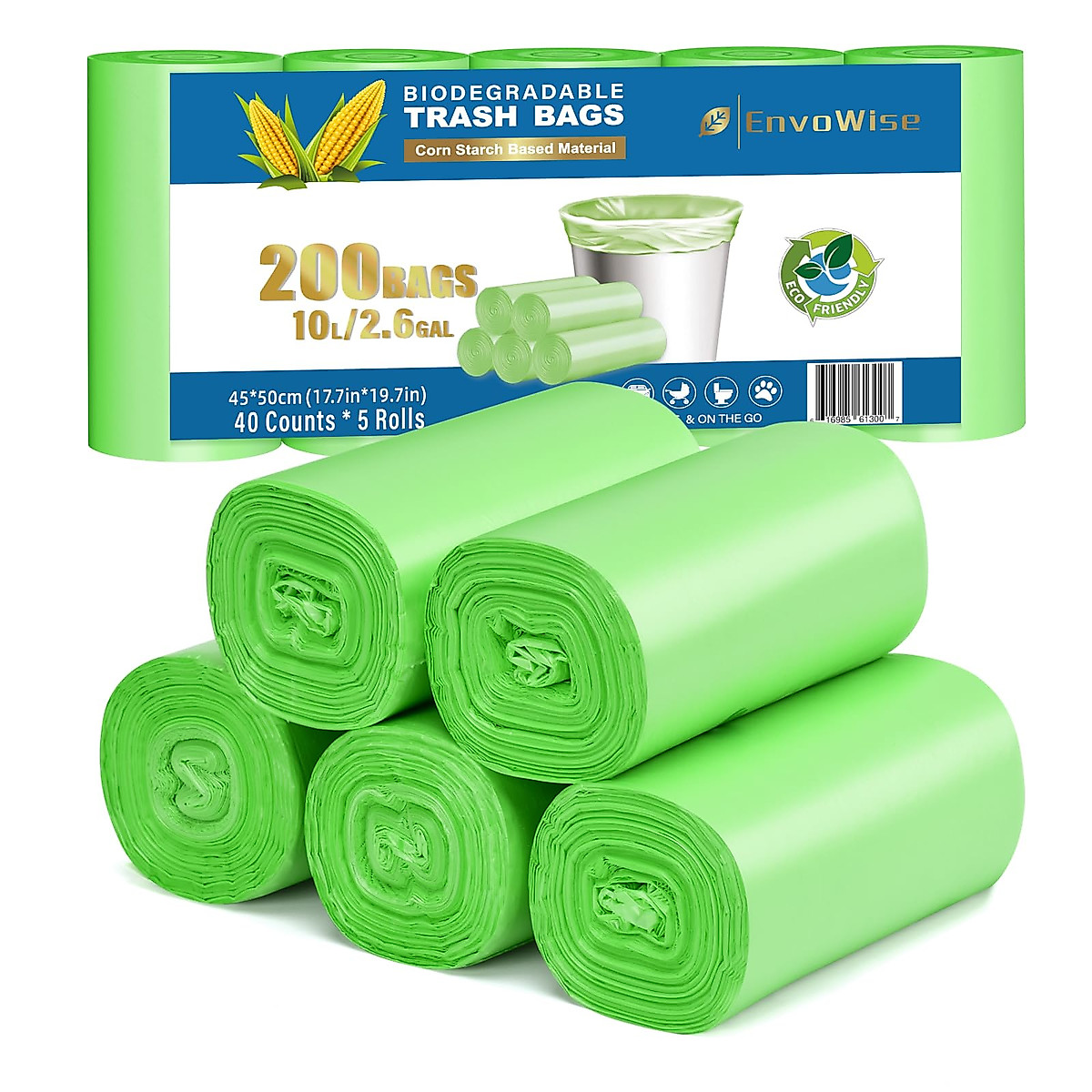 [200 Counts] 2.6 Gallon Biodegradable Trash Bags | Eco-Friendly, Unscented, 10L Small Size Bags for Bathroom Bedroom Office Kitchen Trash Can | Compostable Garbage Bag by EnvoWise