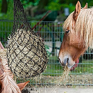 4 Pcs Slow Feed Hay Feeder for Horses, 2 x 2 Holes 40 Inch Length Goat Feed Hay Net Adjustable Nylon Hanging Strap Hay Bags for Horses Feed, Trailer and Stall, Reduce Waste, Black