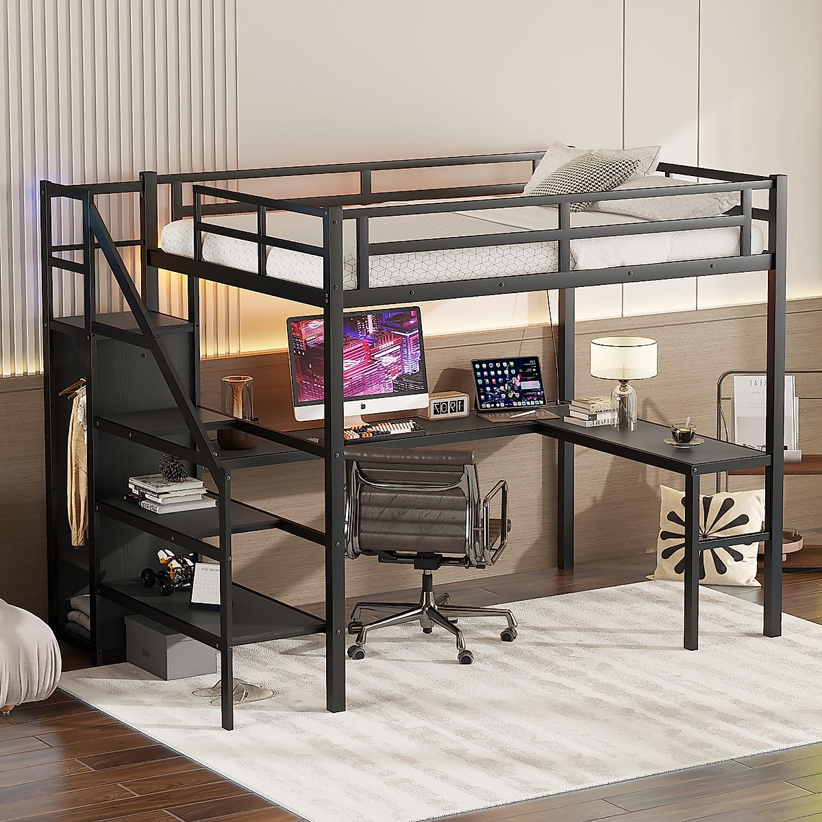 Linique Full Size Gaming Loft Bed with L-Shaped Desk, LED and Charging Station, Metal Loft Bed with Wardrobe and Adjustable Shelf for Kids Teens Adults, Black