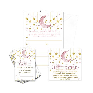 Twinkle Little Star Baby Shower Invitation Bundle Set Includes Blank Girls Invites with Envelopes Diaper Raffle Tickets Bring a Book Insert Cards (25 of Each) Celestial Themed Party Supplies