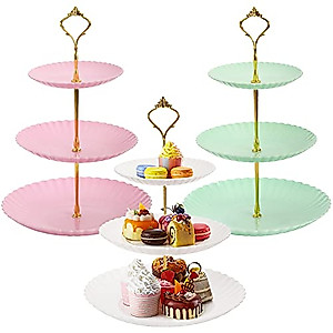 Tosnail 3 Pack 3 Tiers Plastic Cupcake Stand, Round Dessert Stand, Tiered Serving Trays with Gold Rod, Party Serving Trays, Fruit Pastry Holders for Wedding and Party - Assorted 3 Colors