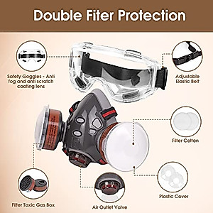 Reusable Respirator Half Facepiece Cover w/Safety Goggles & Filters Against Dust Vapors Gas Pollen Chemicals Suitable for Painting Spraying Sanding Welding Woodworking Epoxy Resin & Other Protection