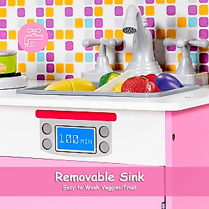 FFlyer Kids Kitchen Playset, Wooden Pretend Cooking Playset w/ Cookware Accessories, Removable Sink, Microwave, Display Shelf, Toddler Pretend Play Kitchen Toy, Best Gift for Girl, Pink