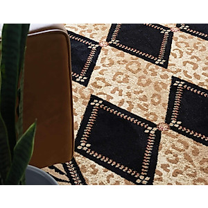 Unique Loom Wildlife Collection Animal Inspired with Leopard Geometric Bordered Design Area Rug, 6 ft x 9 ft, Light Brown/Black