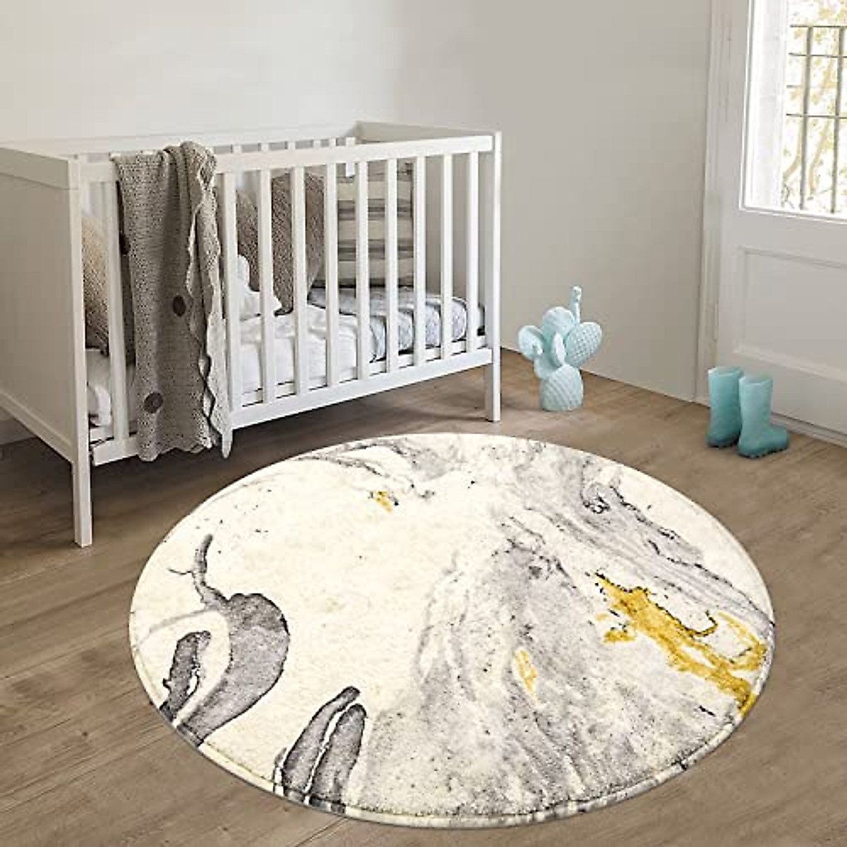 HAOCOO Round Area Rugs 3' Diameter Modern Abstract Beige Marble Throw Rugs Super Soft Velvet Non-Slip Chic Distressed Accent Floor Carpet for Bedroom Living Room Nursery Decor
