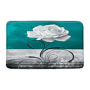 Rose Bath Mat White Rose on Teal Gray Background Modern Creative Bathroom Decor Rug Non Slip Absorbent Doormat Kitchen Toilet Floor Rug,18" x 30"