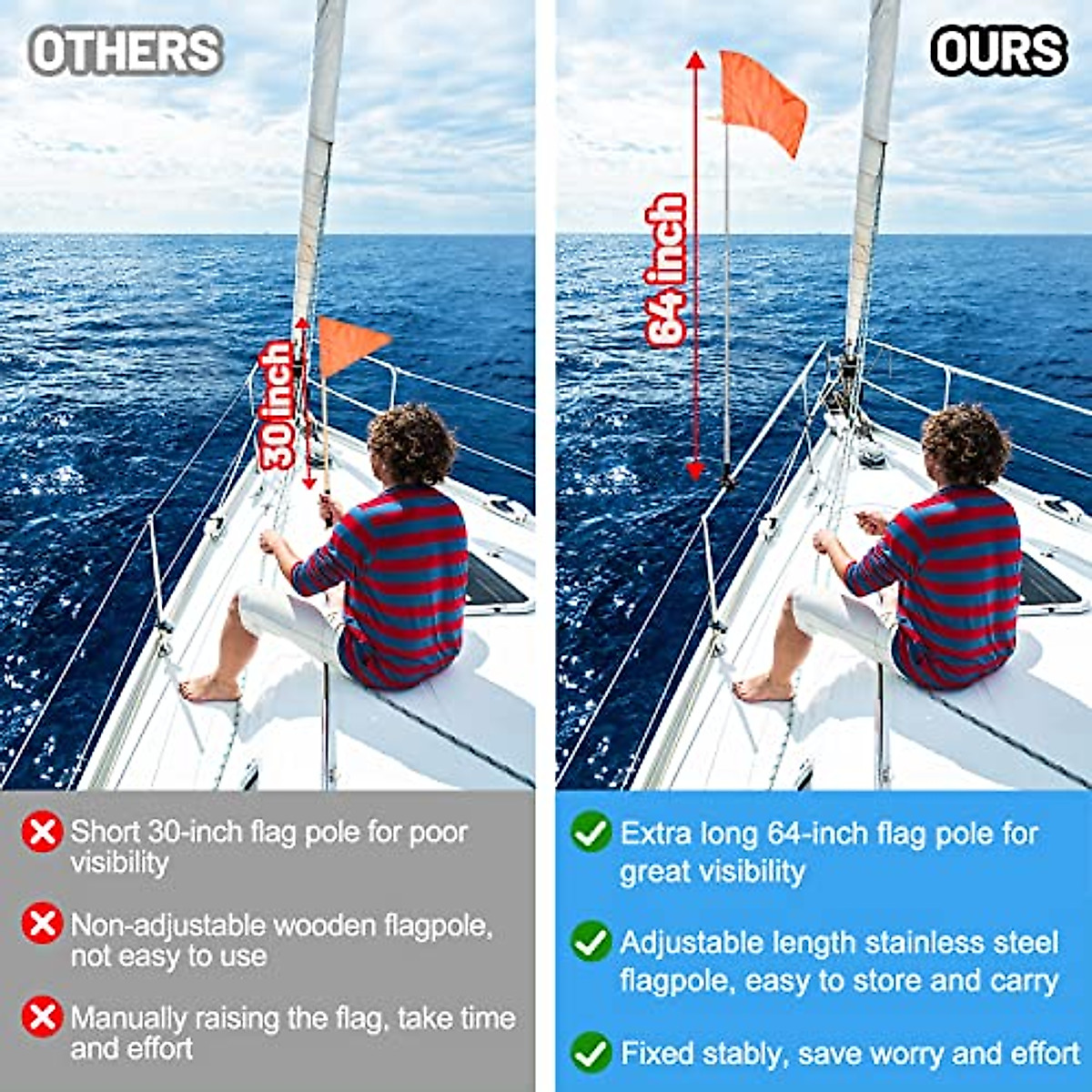 Orange Boat Flag- 64 Inch Adjustable Boat Safety Flag Water Ski Flag with Stable Holder & Flag Pole Durable Boating Safety Flag Skier Down Flag for Swimmers Surfer Safety Equipment