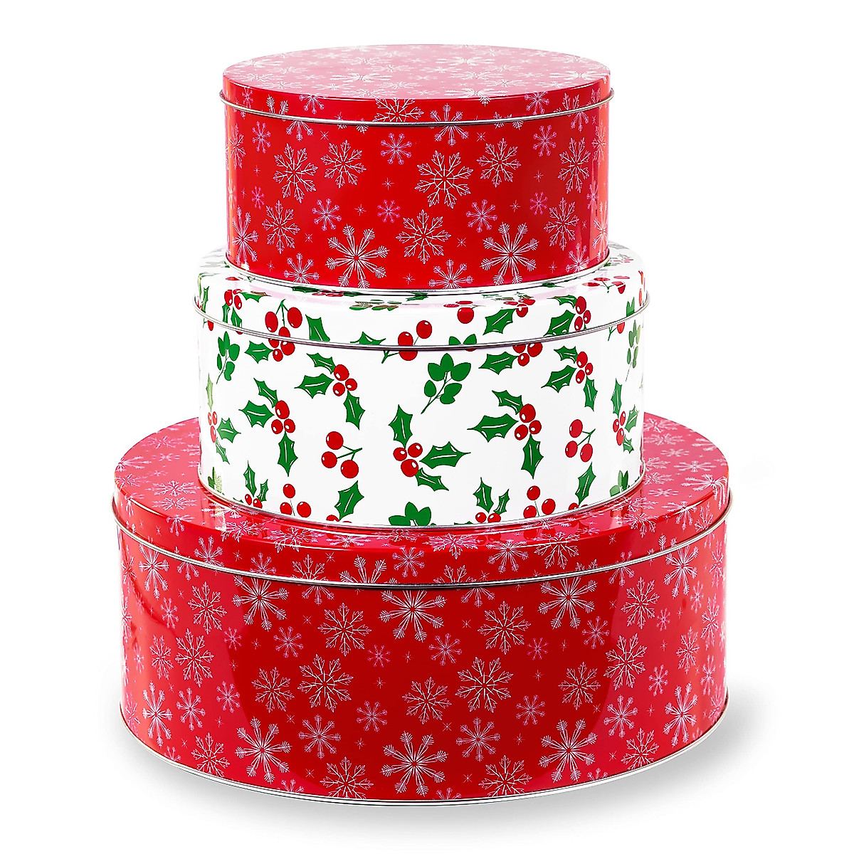 Steel Mill & Co Tin Containers with Lids, 3 Pack Christmas Cookie Tins, Festive Cookie Tins for Gift Giving & Holiday Treats, Round Metal Nesting Containers, Large Medium Small, Snowflake & Holly