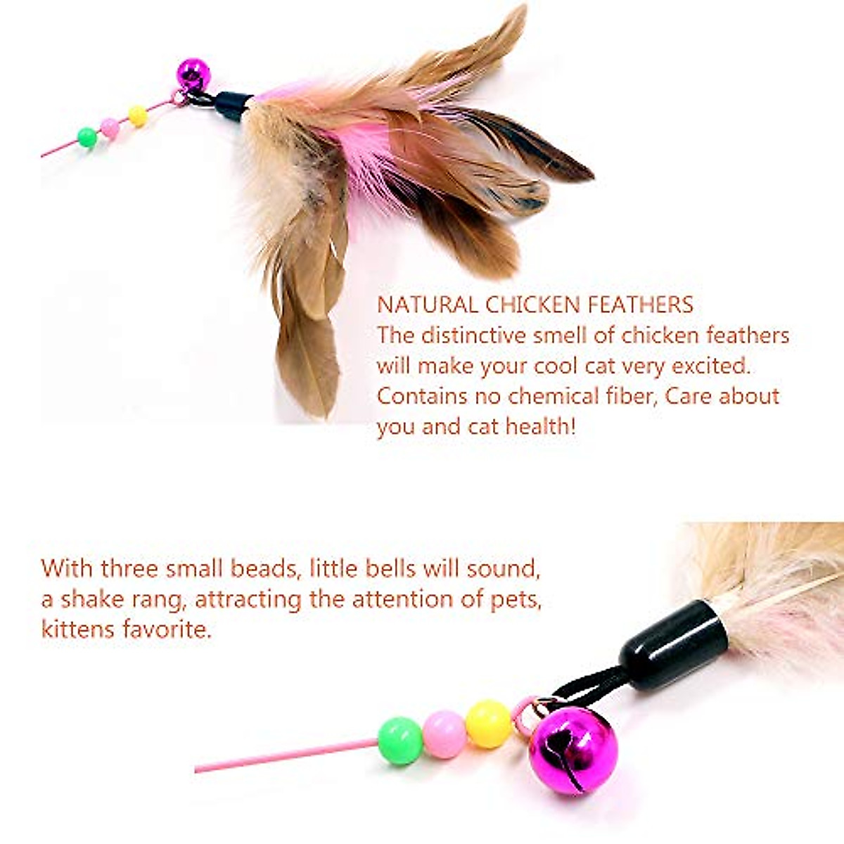 JTQXX Cat Feather Toy, Cat Toys Wand, Bundle of 5 Pack Interactive Pet Cat Kitten Chaser Teaser Wire Wand with Bell Beads for Cat Exercise Play Fun Gifts - Wholesale