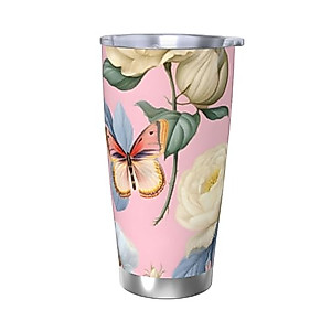 AYCZN Butterfly White Flower 20 OZ Tumbler Stainless Steel Travel Coffee Mug, Romantic Floral Insulated Water Bottle with Lid and 2 StrawsLeakproof Thermal Cup