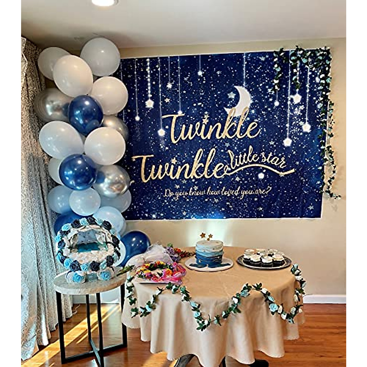 Twinkle Twinkle Little Star Backdrop Night Sky Shinning Star and Moon Galaxy Space Photography Background Glitter Star Children Birthday Baby Shower Party Supplies 7x5FT